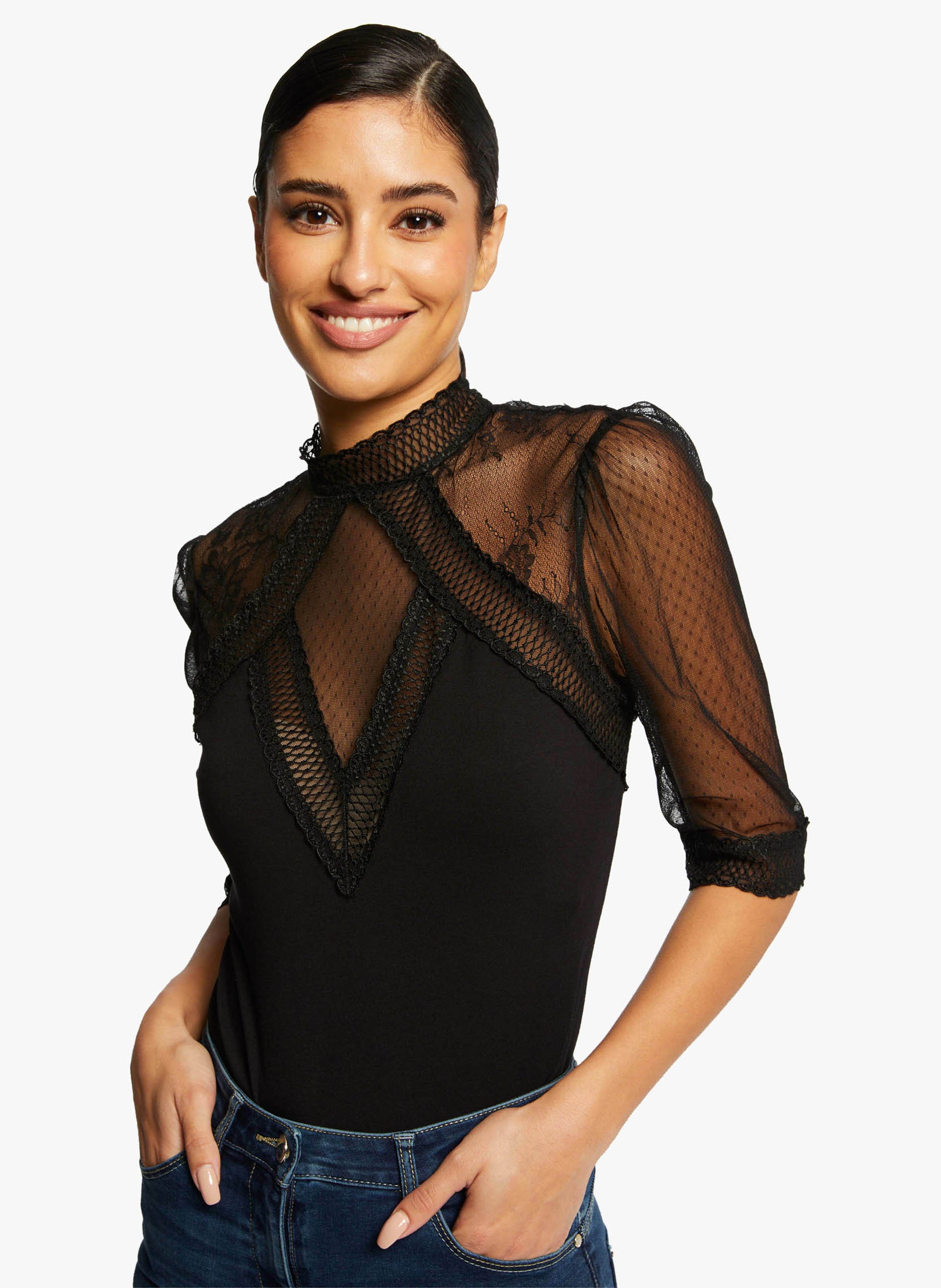 Body Met Opstaande Kraag En Kant Noir Morgan - Dames | Place des Tendances