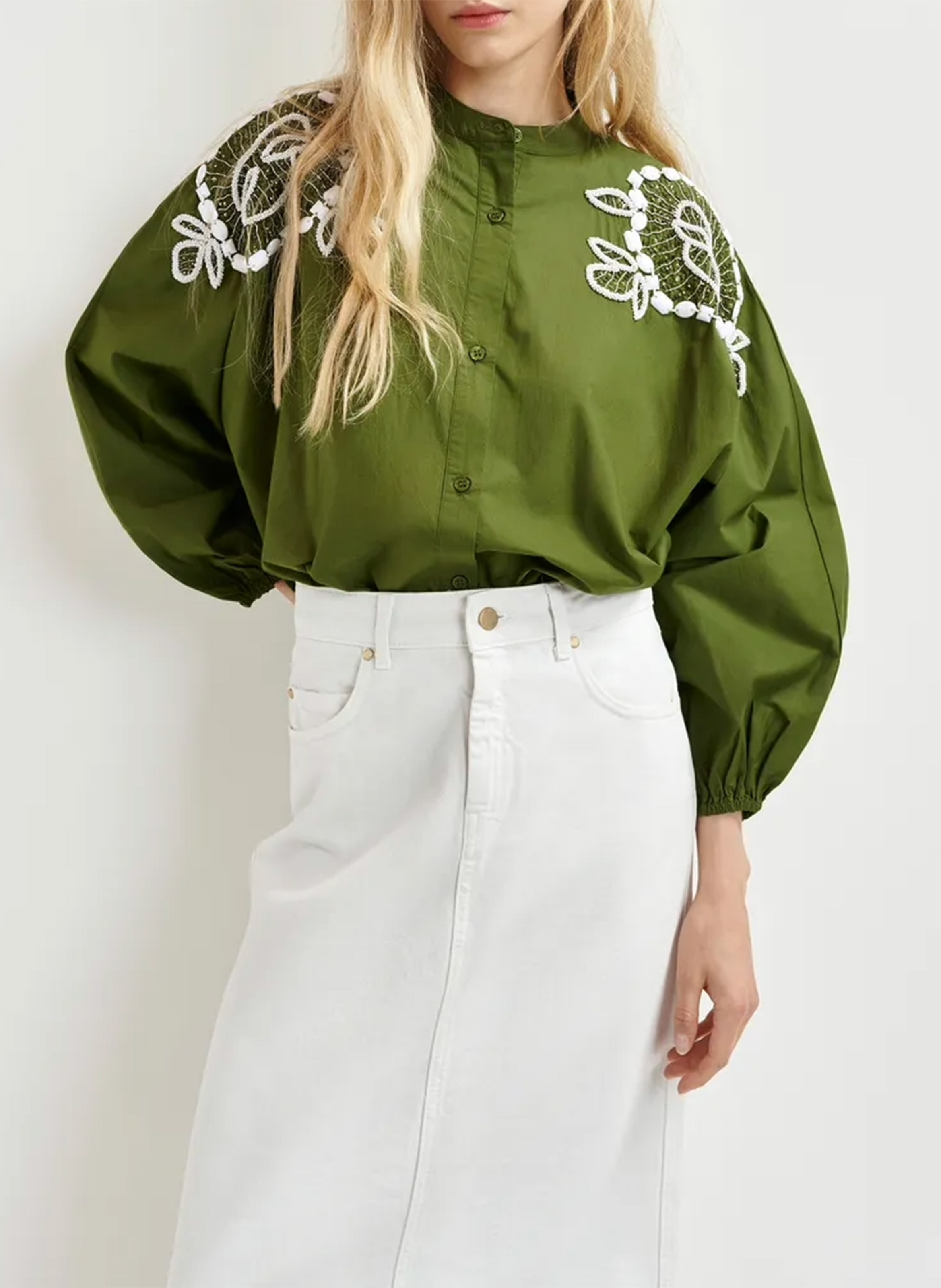 Chemise col rond en coton Hementine Kaki blanc Essentiel Antwerp ...