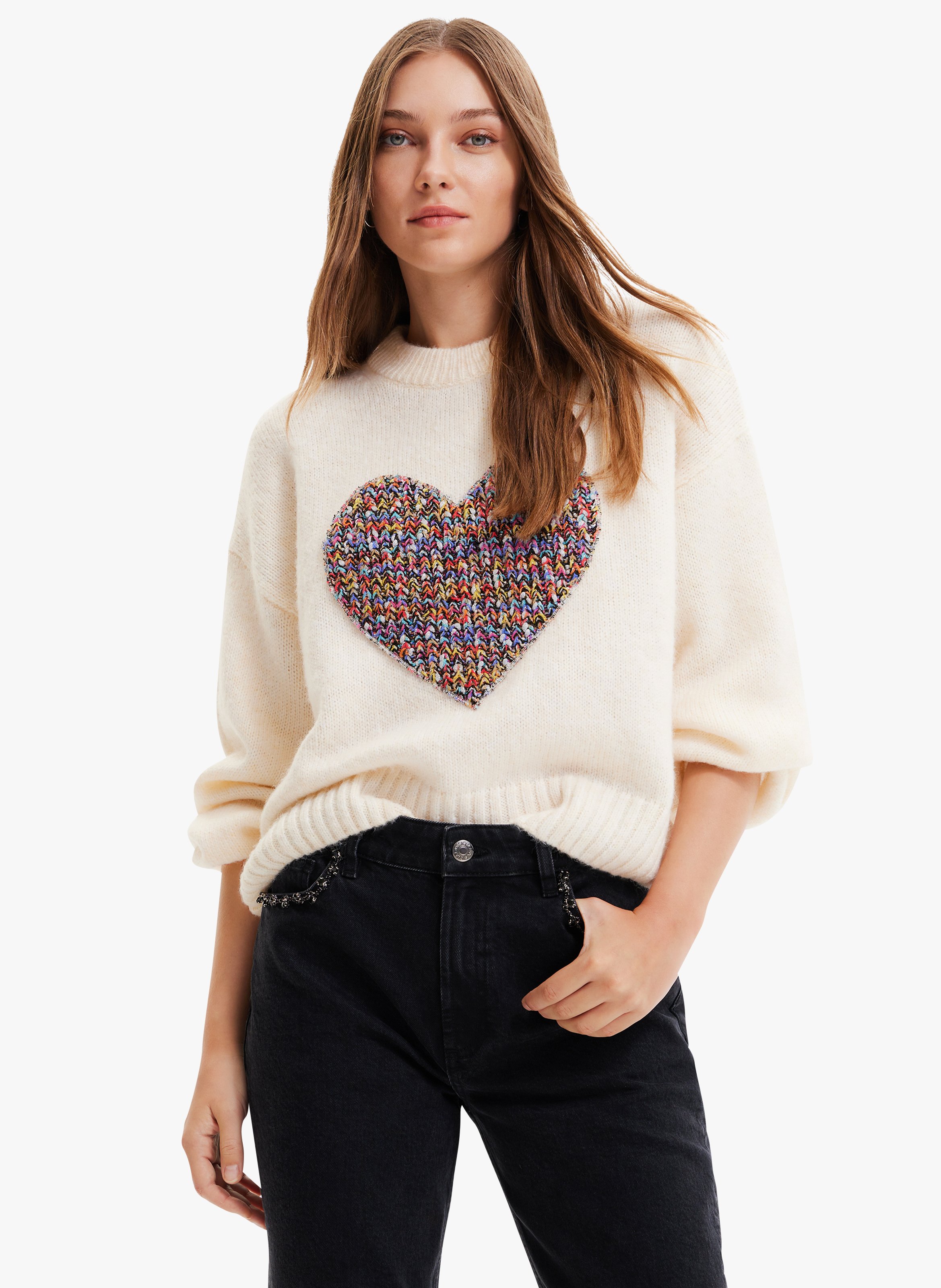 Pull à Col Rond Avec Coeur Brodé Blanc Desigual - Femme | Place des ...