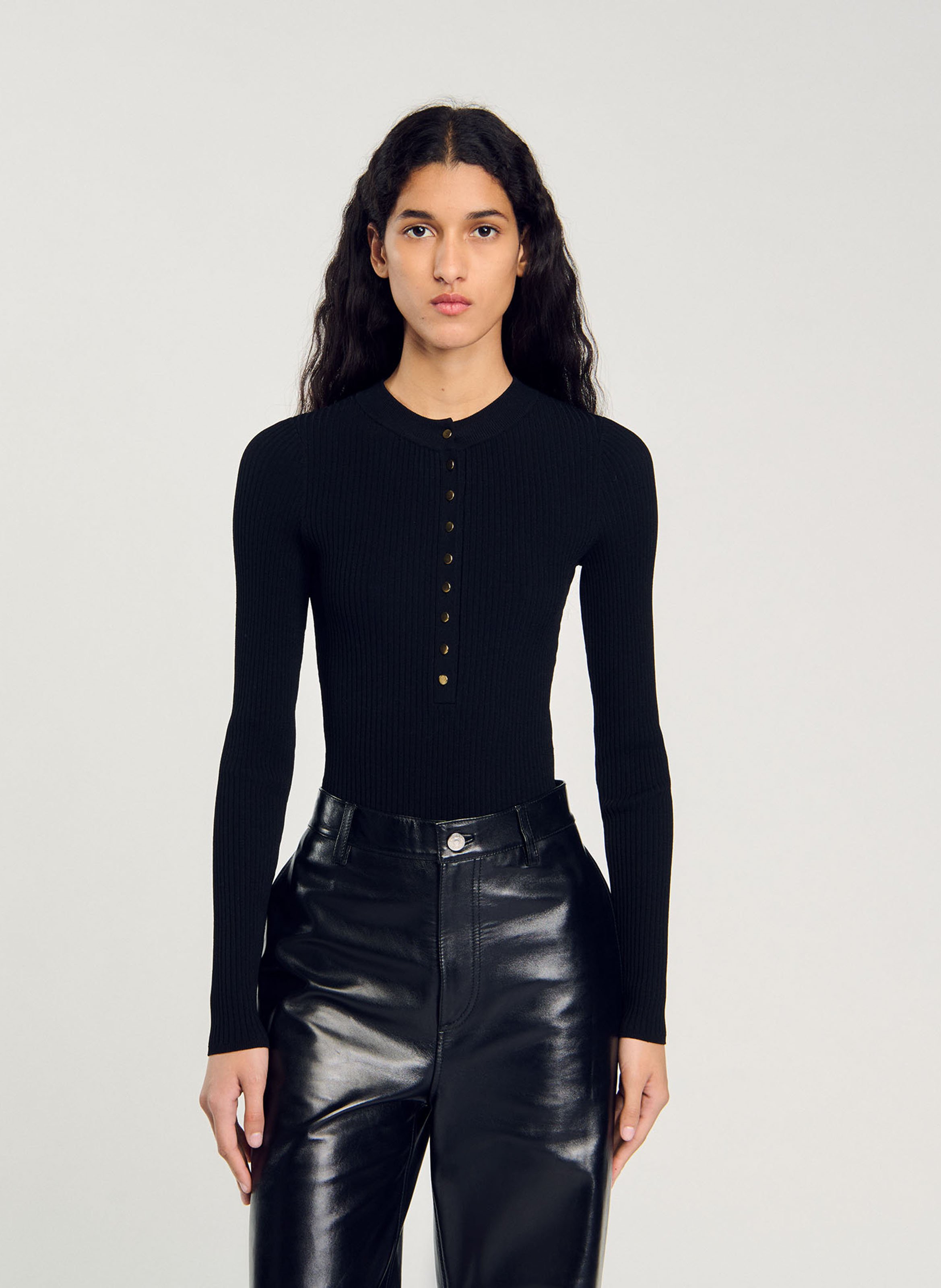 Buttoned Knit Bodysuit Noir Sandro - Women - SFPBD00017-20-NOIR | Place ...