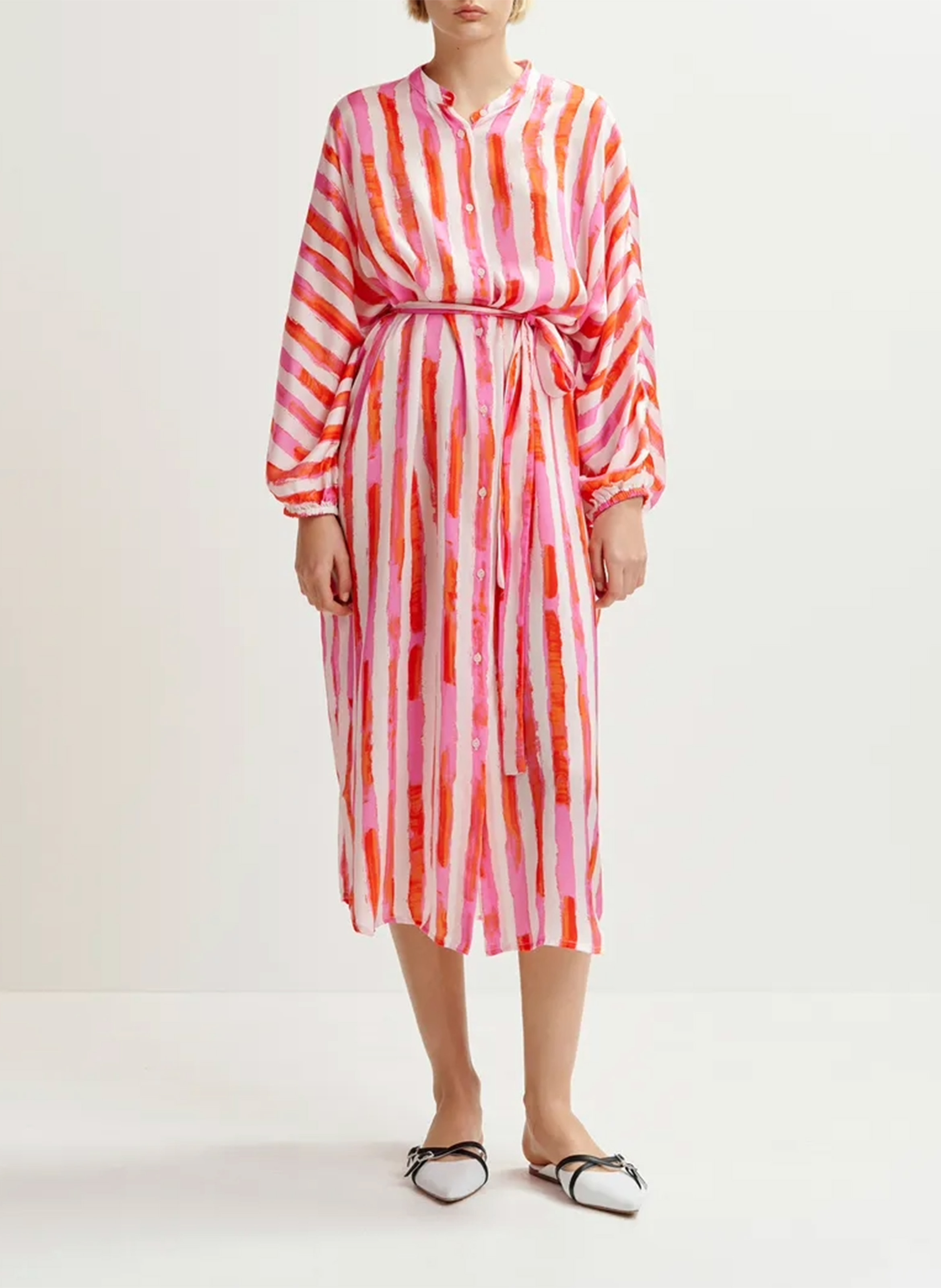 Belted striped midi dress Blanc casse rose rouge Essentiel Antwerp ...